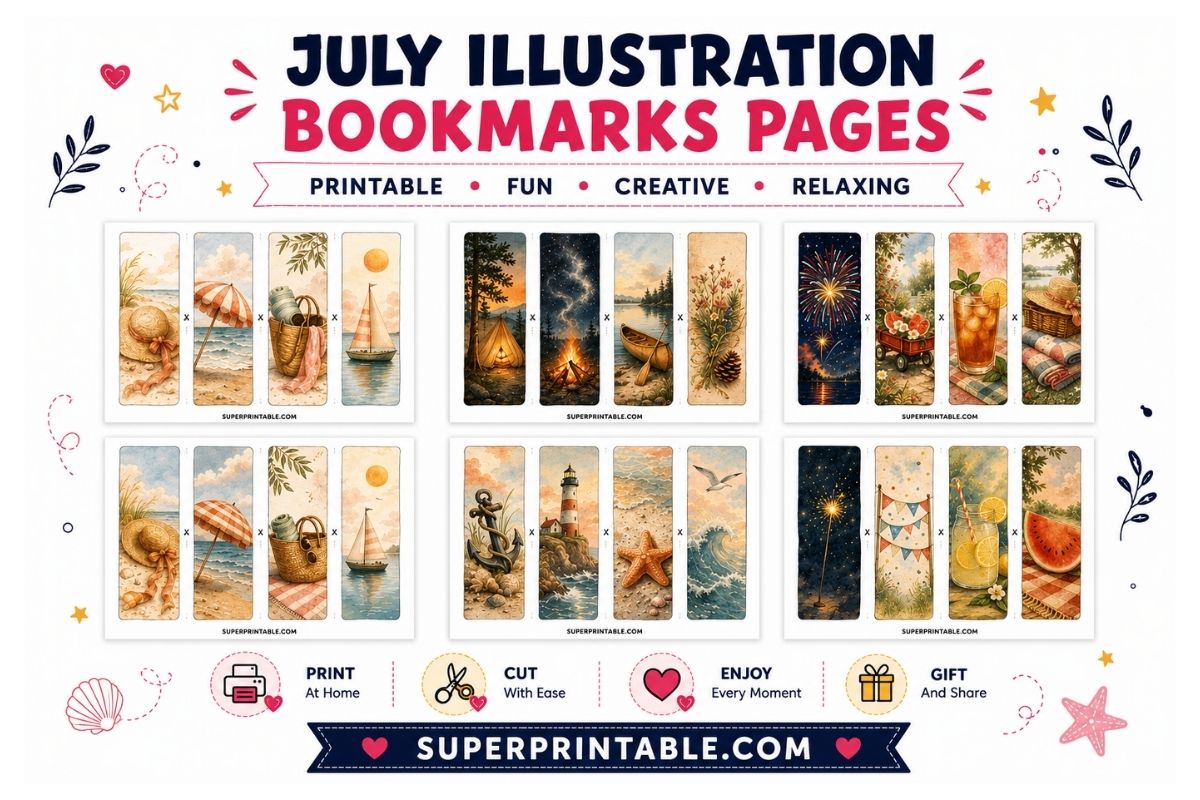 10+ Free Printable July Illustration Bookmarks (Printable PDF)