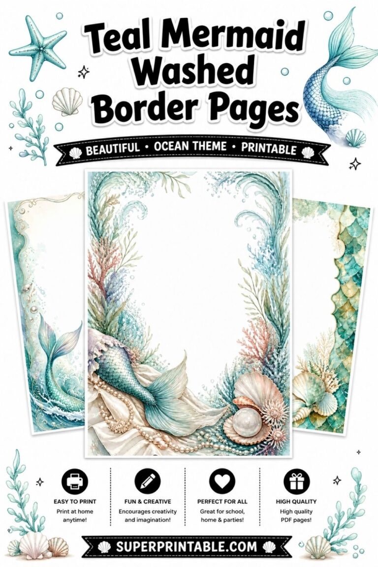 15+ Teal Mermaid Washed Border Pages (Free PDF Printables)