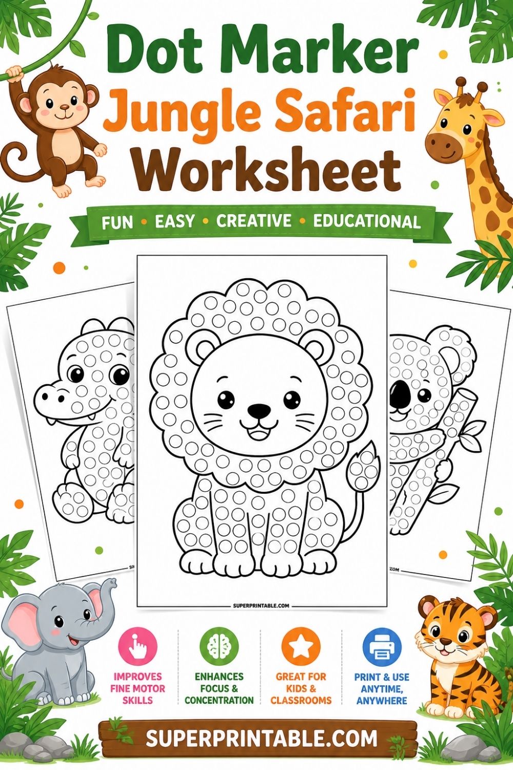 20 Dot Marker Jungle Safari Worksheet (Free PDF Printables)