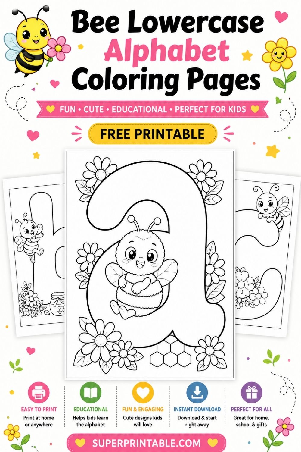 Bee Lowercase Alphabet Coloring Pages (Free PDF Printables)