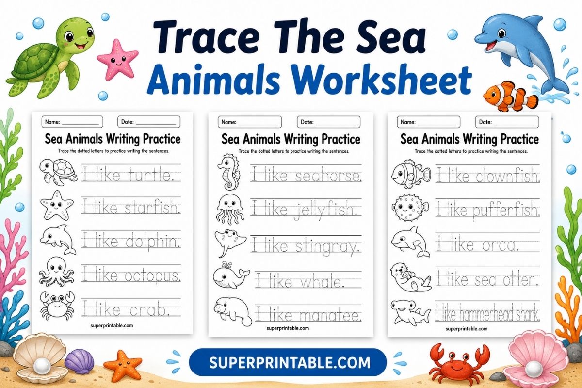 Trace The Sea Animals Worksheet (Free PDF Printables)